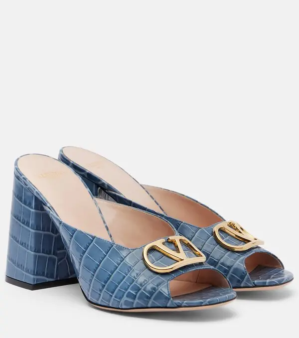 Valentino Garavani Vlogo Croc-effect Leather Mules - Blue