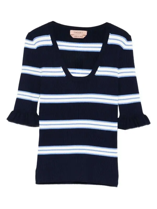 TWINSET Striped Round Neck Sweater - Blue