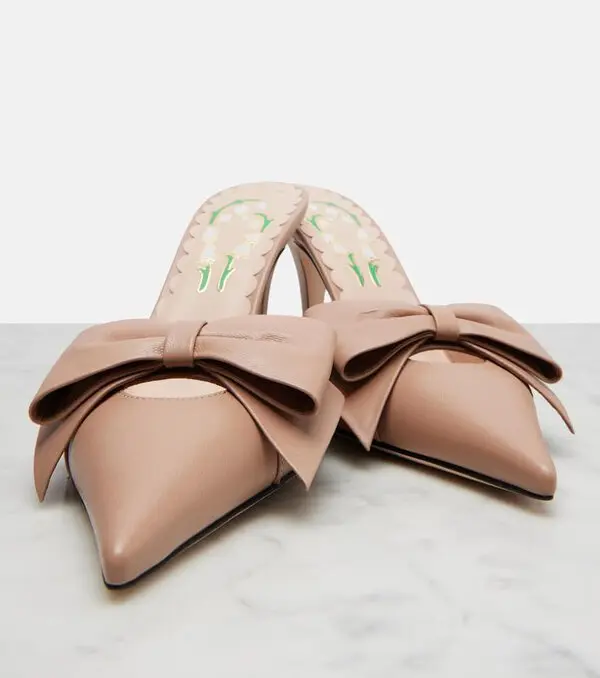 Valentino Garavani Pointed Toe Leather Mules With Bow Detailing - Pink