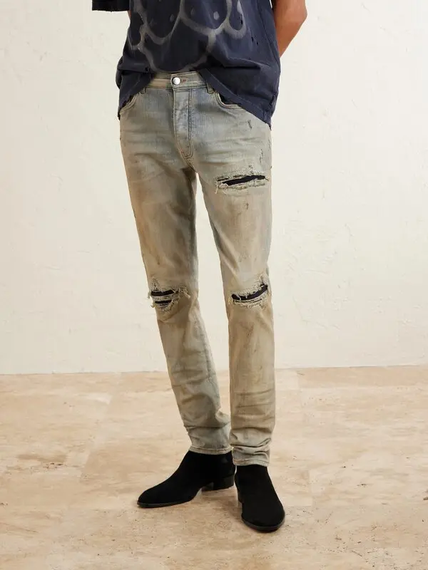 Amiri Mx1 Skinny-fit Suede-trimmed Jeans - Blue