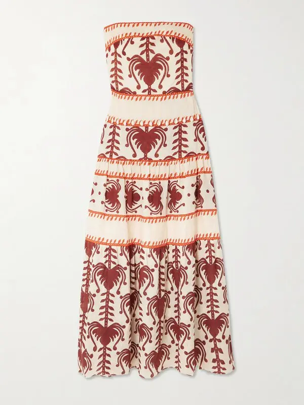 Johanna Ortiz Another Chance Strapless Tiered Embellished Printed Linen Maxi Dress - Neutrals