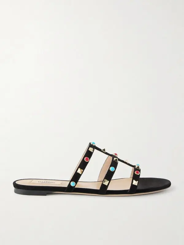 Valentino Garavani Rockstud Bead-embellished Suede Sandals - Black
