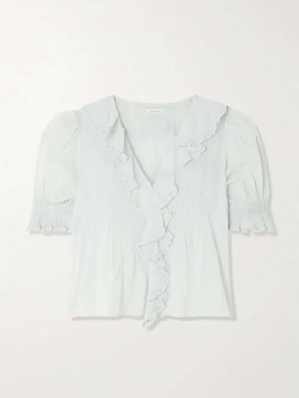 DÔEN Henri Ruffled Pintucked Organic Cotton-voile Top - Blue