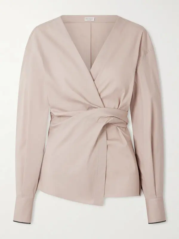 Brunello Cucinelli Embellished Cotton-blend Poplin Wrap Blouse - Neutrals