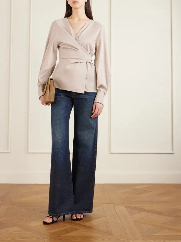 Brunello Cucinelli Embellished Cotton-blend Poplin Wrap Blouse - Neutrals