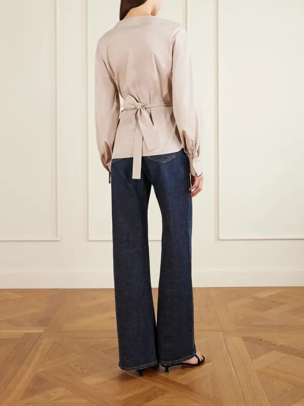 Brunello Cucinelli Embellished Cotton-blend Poplin Wrap Blouse - Neutrals
