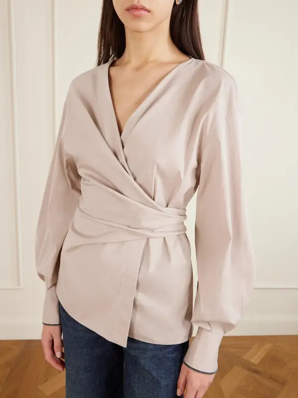 Brunello Cucinelli Embellished Cotton-blend Poplin Wrap Blouse - Neutrals