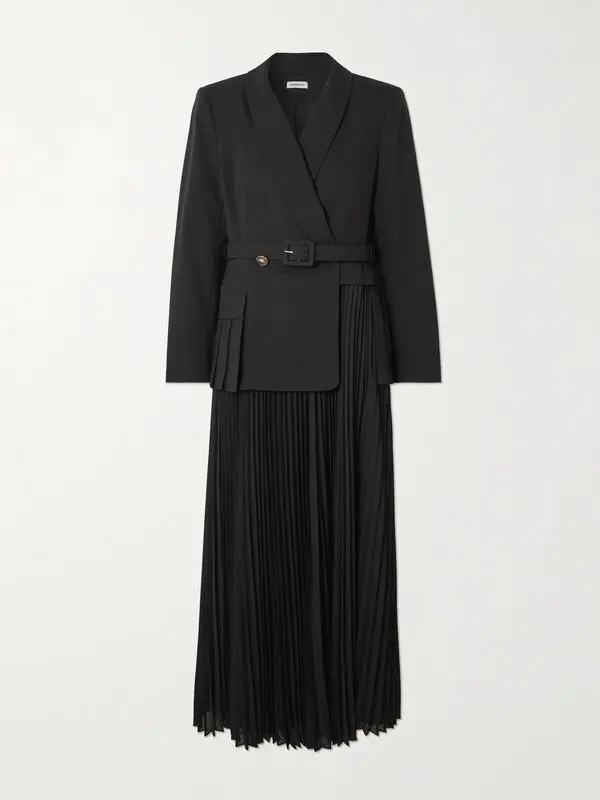 Simkhai Alexandra Belted Pleated Crepe Midi Dress - Black