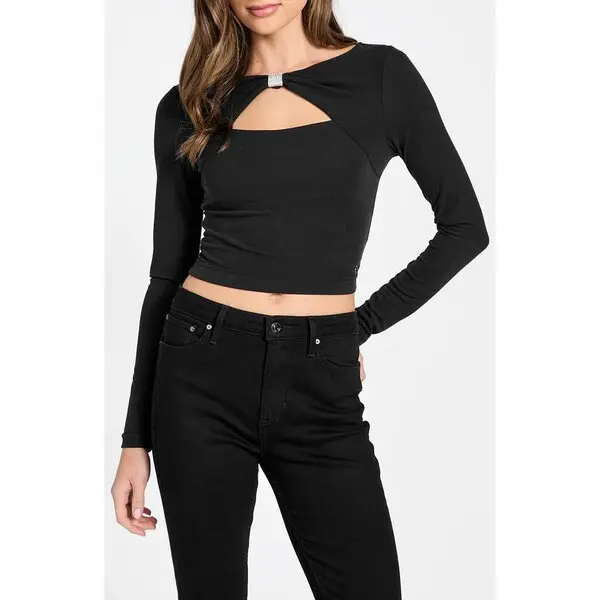 Guess Rhinestone Accent Cutout Top - Black