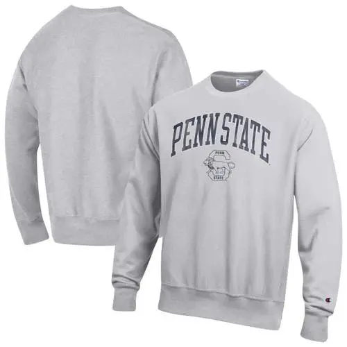 Champion Penn State Nittany Lions Distressed Arch Over Logo Reverse Weave Crew Neck Sweatshirt - Gray
