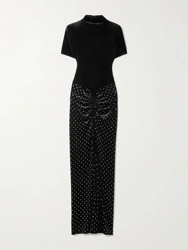 Alaïa Crystal-embellished Ruched Velvet Midi Dress - Black