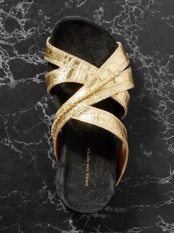 Dries Van Noten Metallic Croc-effect Leather Sandals