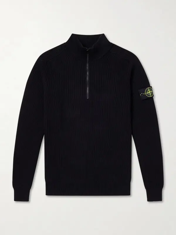 Stone Island Ribbed-knit Cotton Half-zip Sweater With Logo Applique - Black