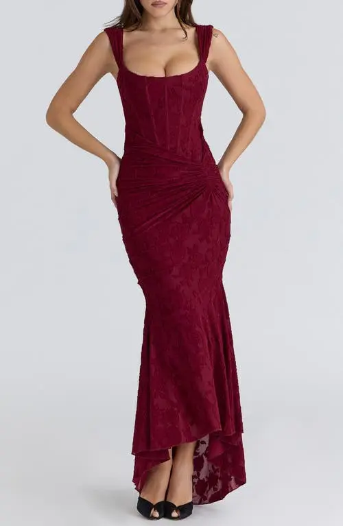 House Of Cb Cesca Floral Burnout Corset Cocktail Dress - Wine