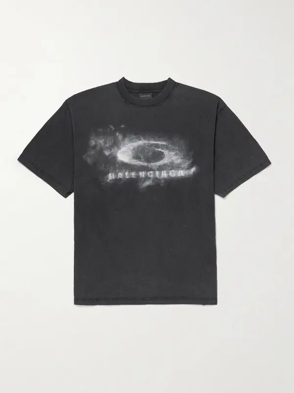 Balenciaga Distressed Logo-print Cotton-jersey T-shirt - Black