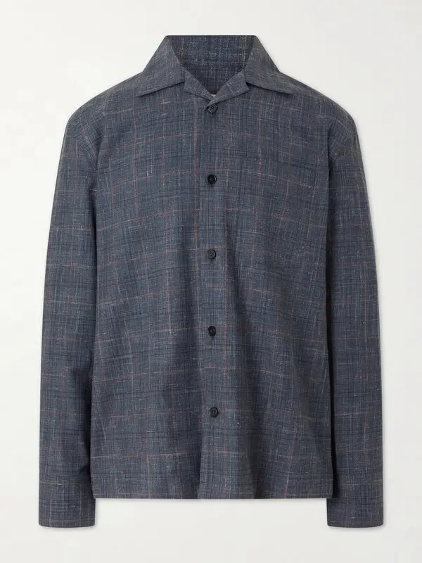 JIL SANDER Camp-collar Checked Wool And Linen-blend Shirt - Gray