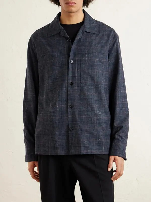 JIL SANDER Camp-collar Checked Wool And Linen-blend Shirt - Gray