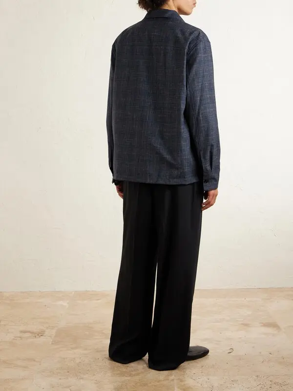JIL SANDER Camp-collar Checked Wool And Linen-blend Shirt - Gray
