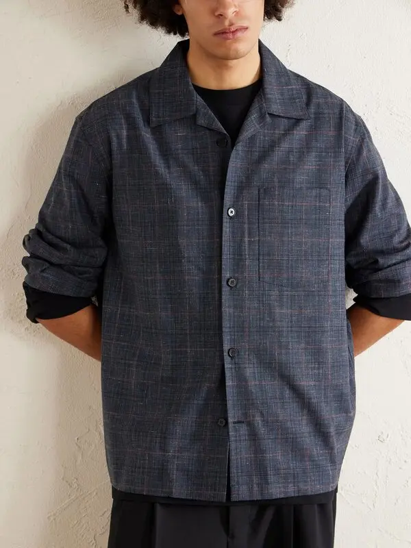 JIL SANDER Camp-collar Checked Wool And Linen-blend Shirt - Gray