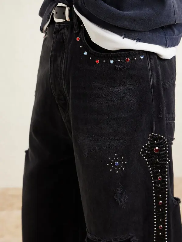 Amiri Straight-leg Distressed Studded Jeans