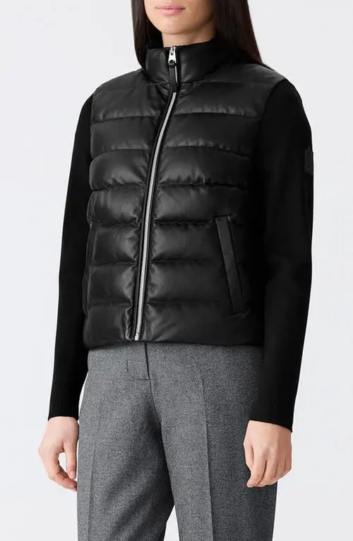 Mackage Leather & Wool Blend Hybrid Down Bomber Jacket - Black