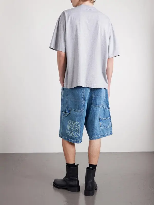Vetements Biker Cross Embroidered Denim Shorts