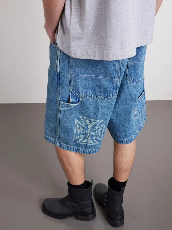 Vetements Biker Cross Embroidered Denim Shorts