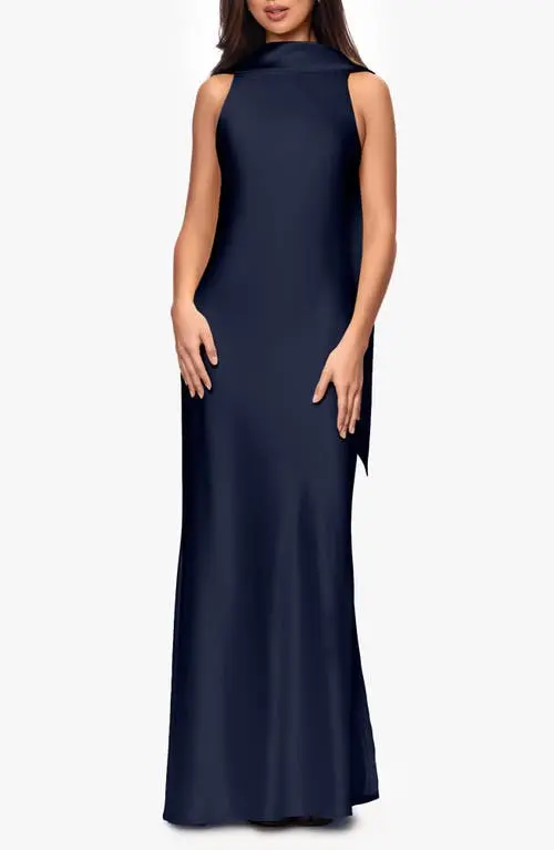 XSCAPE EVENINGS Satin Tie Back Mermaid Gown - Navy