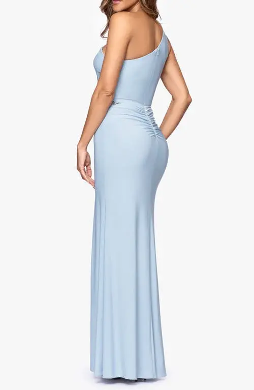 Xscape Evenings Embellished Soutache One-Shoulder Gown - Blue/Gold |  Editorialist