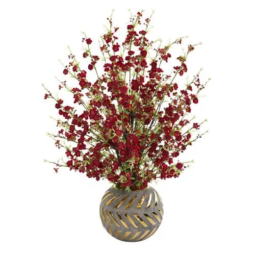 NEARLY NATURAL 30-in Cherry Blossom Artificial Arrangement In Stoneware Vase With Gold Trimming - Red