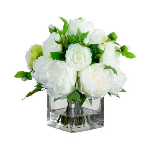 NEARLY NATURAL Wedding Collection 13-in Peony And Camellia Artificial Arrangement In Glass Vase - Green/white