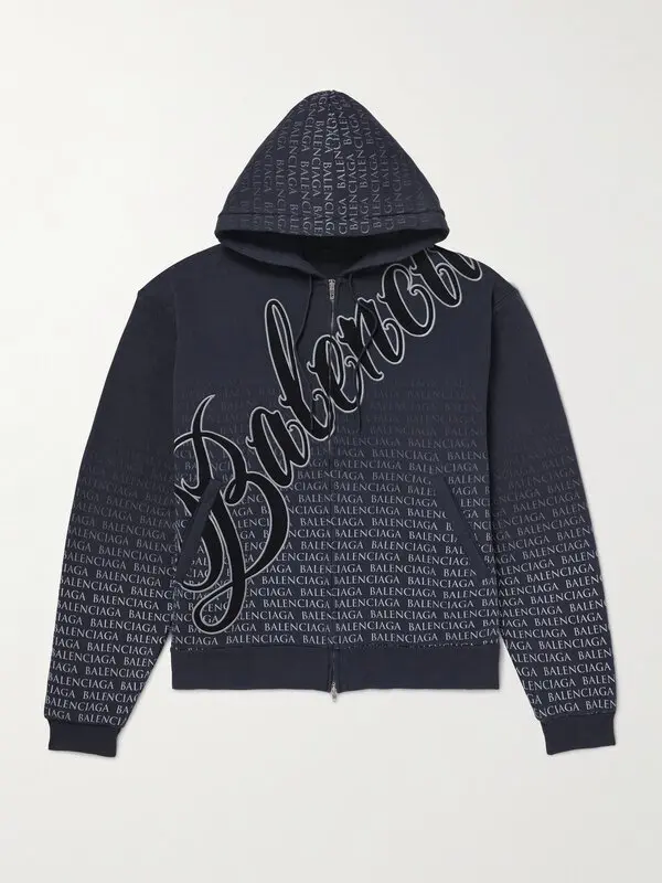 Balenciaga Oversized Logo-appliquéd Printed Cotton-jersey Zip-up Hoodie - Black