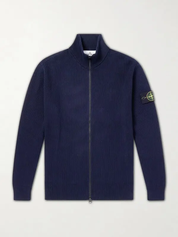 Stone Island Logo-appliquéd Ribbed-knit Cotton Zip-up Cardigan - Blue