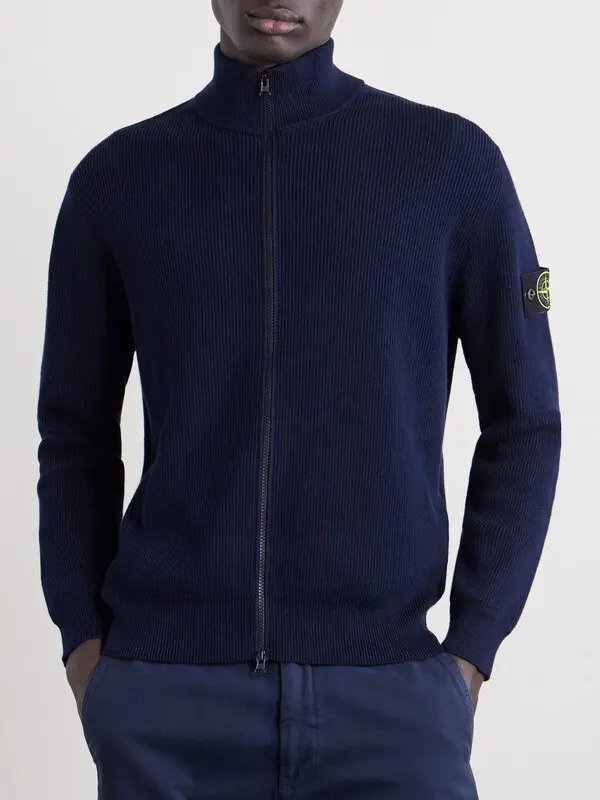 Stone Island Logo-appliquéd Ribbed-knit Cotton Zip-up Cardigan - Blue