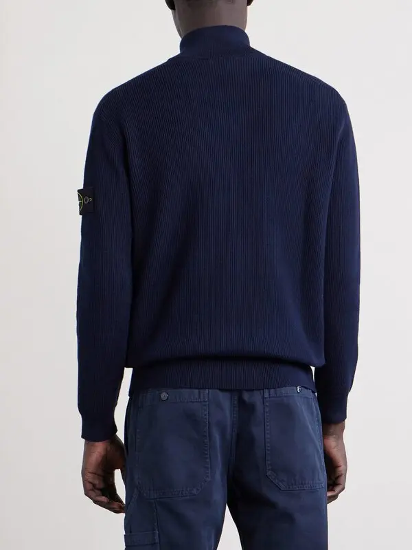 Stone Island Logo-appliquéd Ribbed-knit Cotton Zip-up Cardigan - Blue