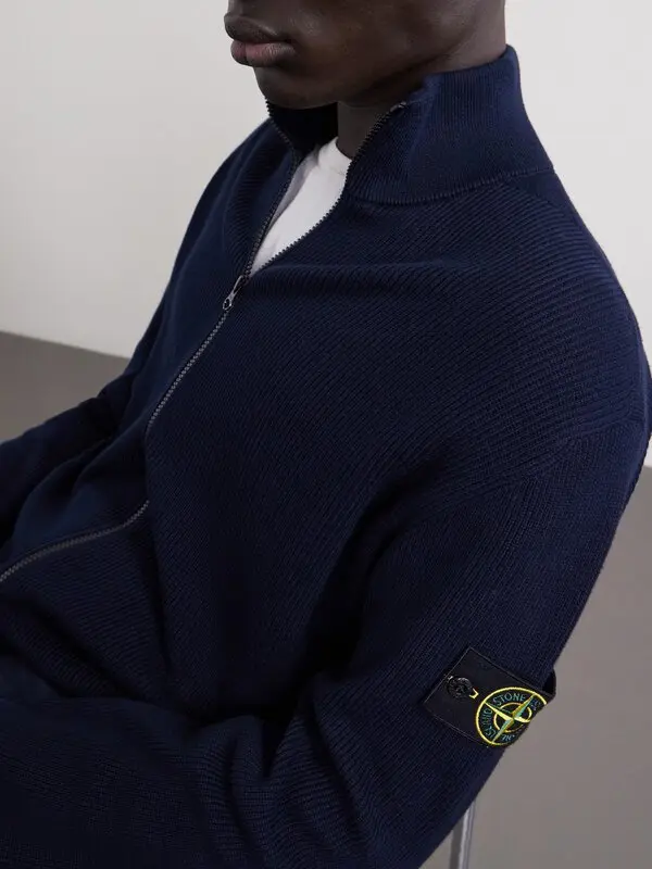 Stone Island Logo-appliquéd Ribbed-knit Cotton Zip-up Cardigan - Blue