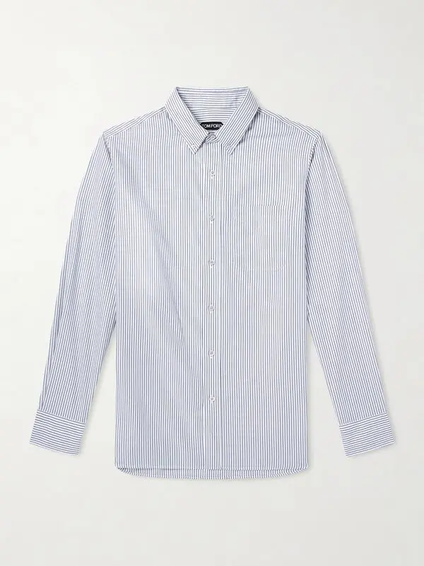 TOM FORD Button-down Collar Striped Cotton And Lyocell-blend Oxford Shirt - Blue