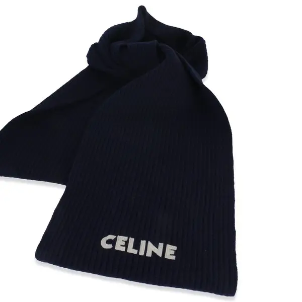 Celine Navy Ribbed Wool Logo Appliqued Scarf - Blue