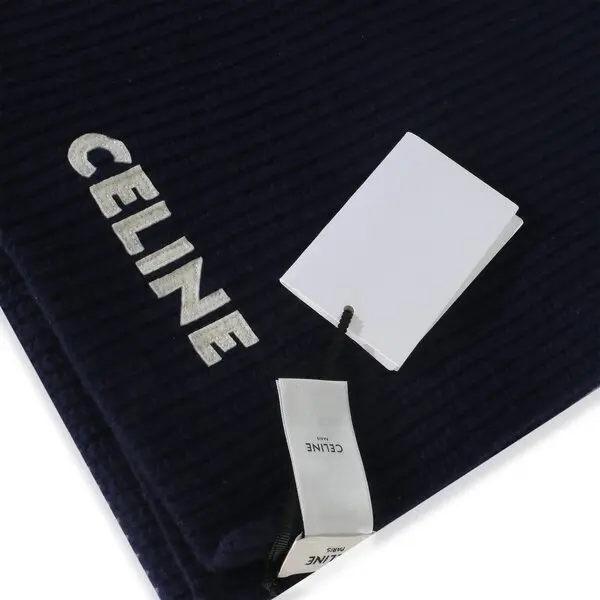 Celine Navy Ribbed Wool Logo Appliqued Scarf