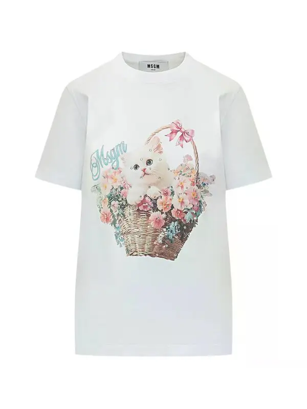 MSGM Floral Kitten Graphic T-shirt