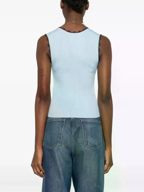 Sandro Sleeveless Ribbed Knit Top With Crochet Trim - Blue