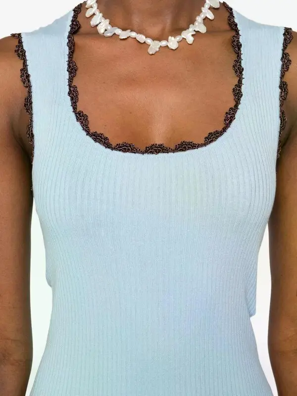 Sandro Sleeveless Ribbed Knit Top With Crochet Trim - Blue
