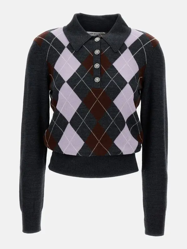SELF-PORTRAIT Argyle Polo Shirt - Grey
