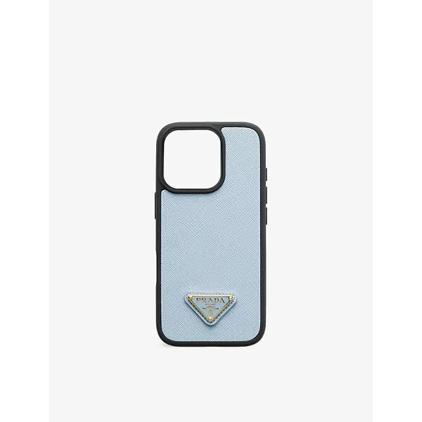 Prada Brand-plaque Leather Iphone 16 Pro Phone Case - Light Blue