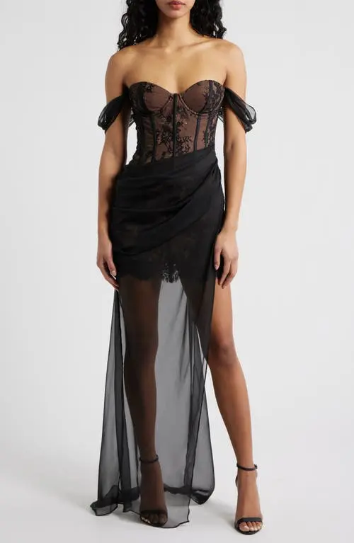 House Of Cb Off-the-shoulder Mixed Media Gown - Black