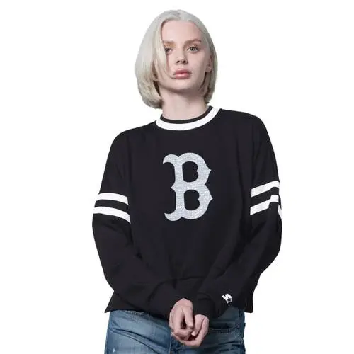 STARTER Boston Red Sox Rally Cropped Drop Shoulder Crewneck Sweatshirt