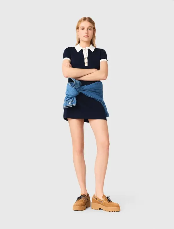 Maje Blue Rib Knit Polo Dress With White Contrast Trim - Navy