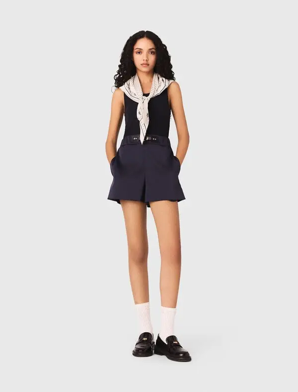 Maje Polyester Satin Shorts With Faux Leather Belt