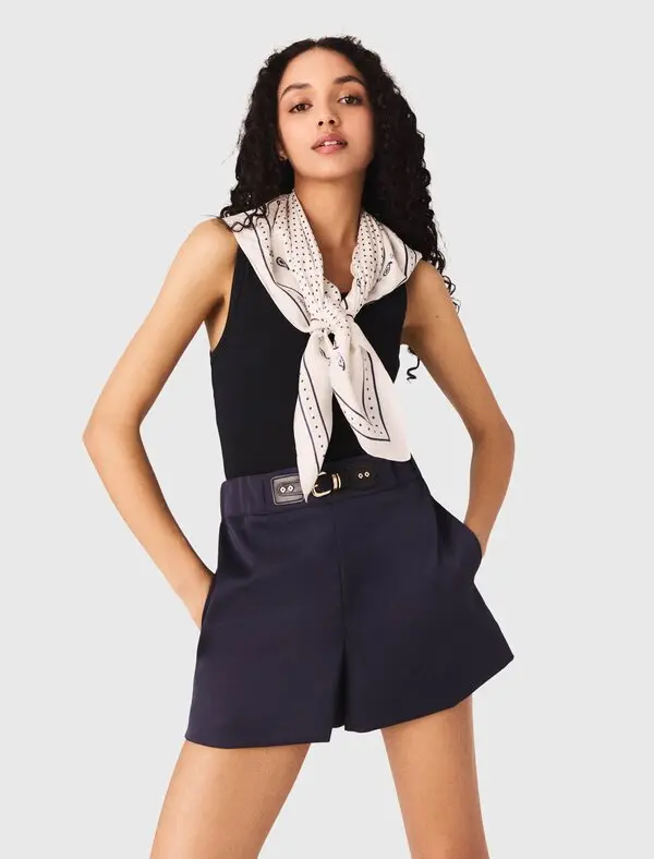 Maje Polyester Satin Shorts With Faux Leather Belt