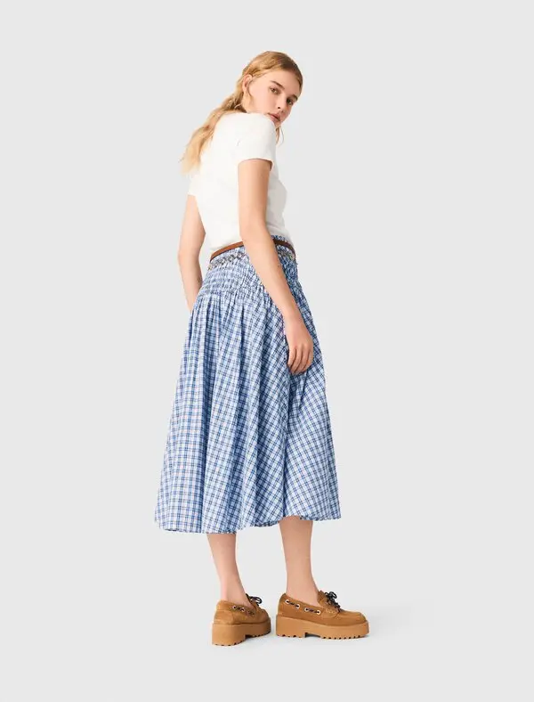 Maje Cotton Rhinestone Maxi Skirt - Blue Check Print